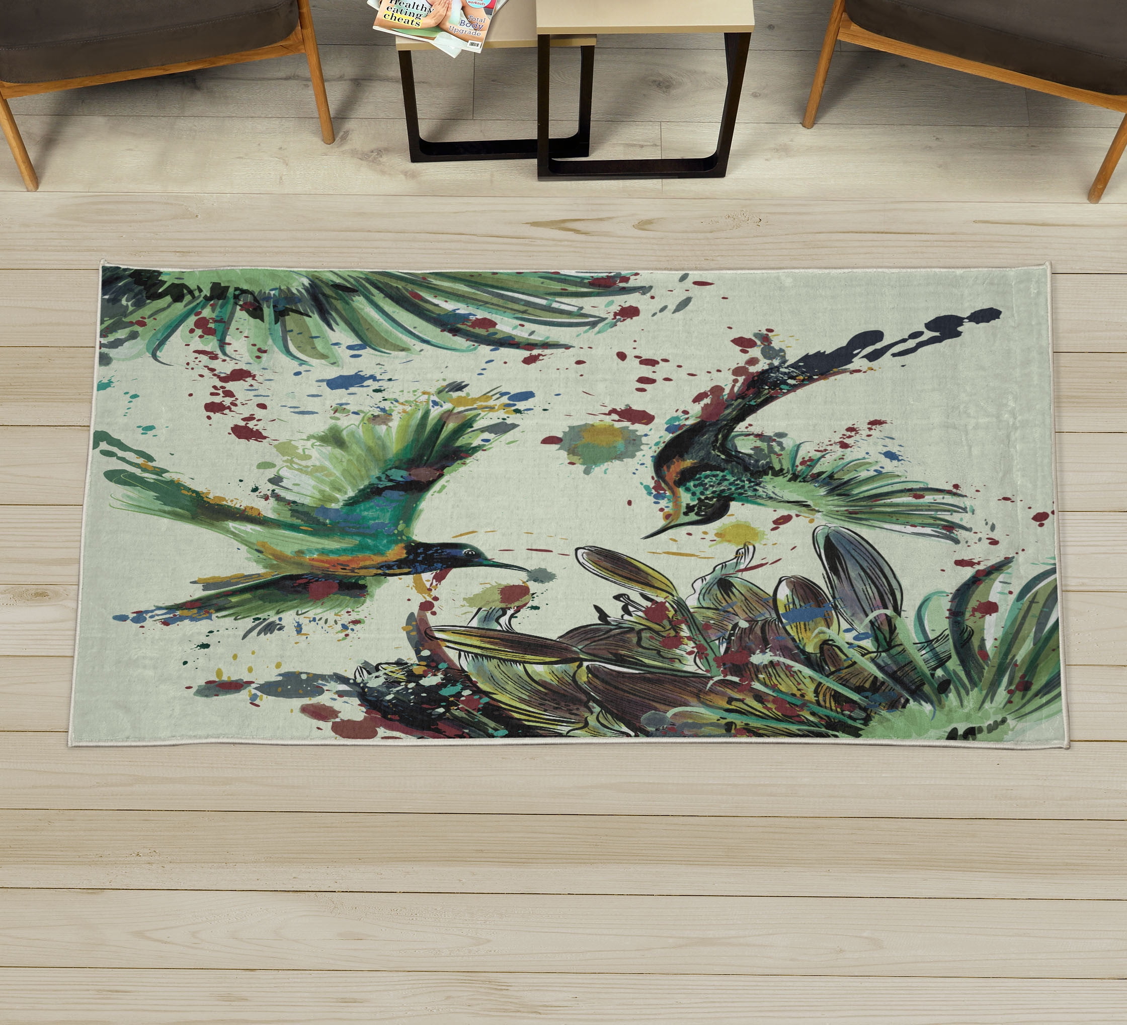 Hummingbird Decorative Rug, Art Lily Flowers Birds and Color Splashes ...