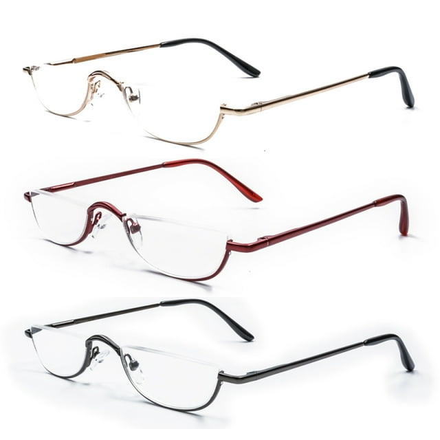 3 Pairs Reading Glasses Spring Hinges Half Moon Semi Rimless Readers ...