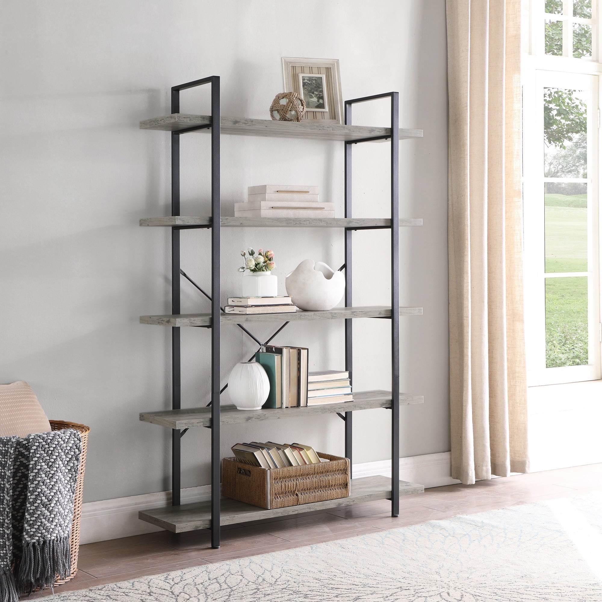 BELLEZE 5 Tier Modern Rustic Industrial Bookshelf - Hazel (Gray Wash ...