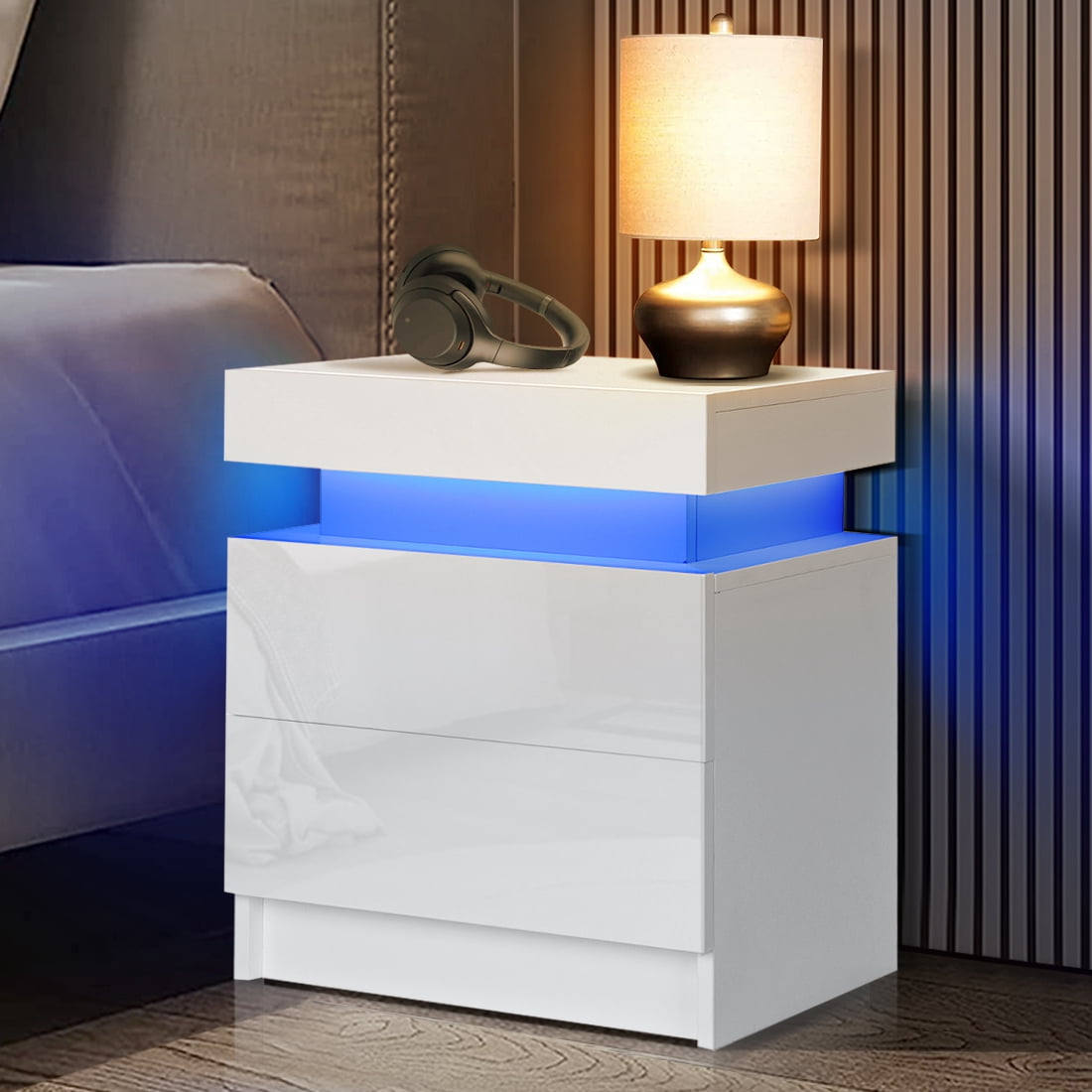 Hommpa 2 Drawers RGB LED Nightstand Modern High Gloss Bedside Table ...