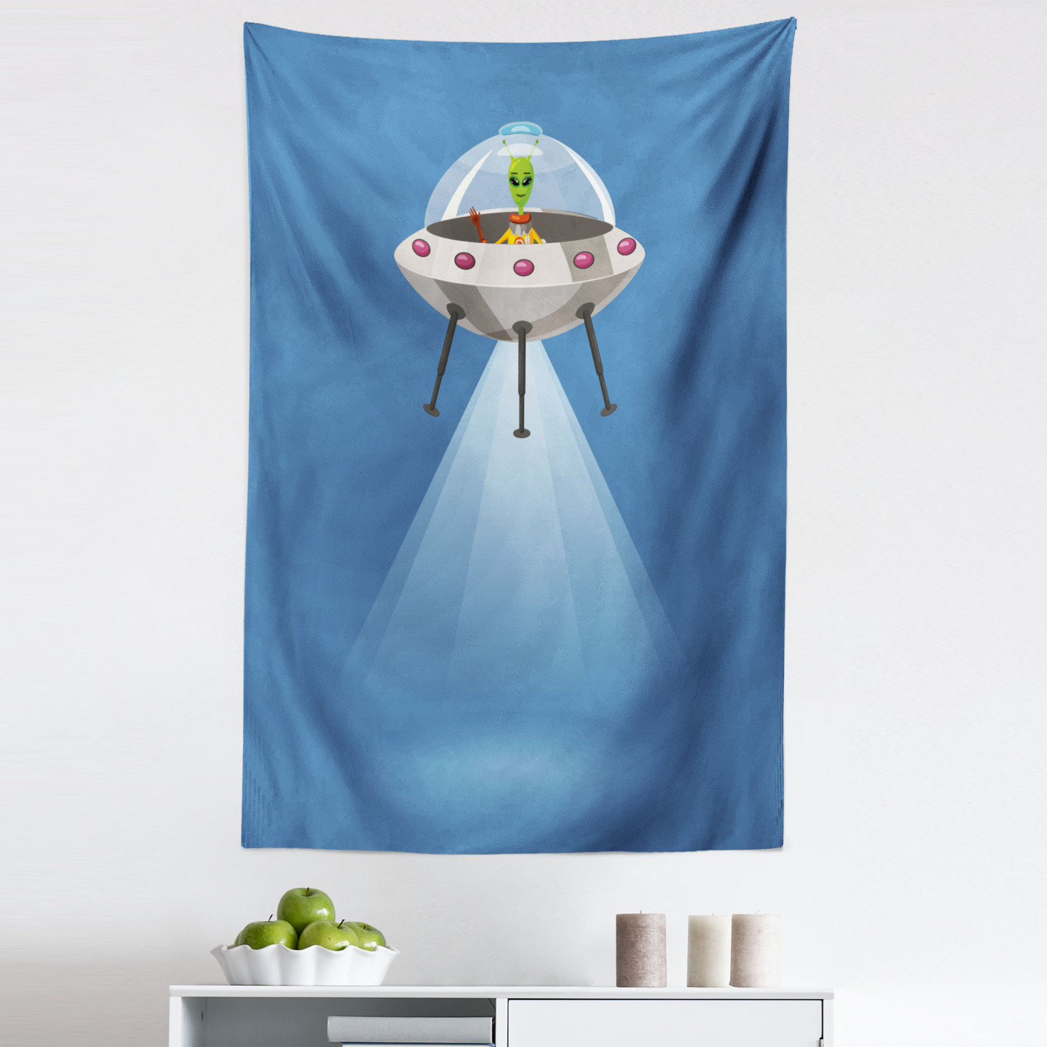 Alien Tapestry, Flying UFO with a Green Creature Waving ...