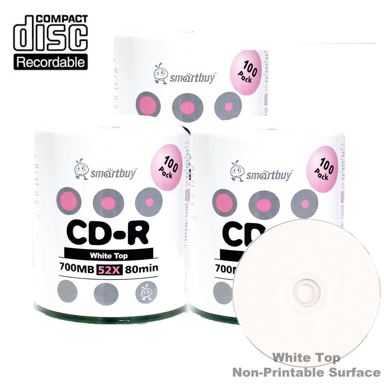 300 Pack Smartbuy 52X CD-R 700MB 80Min White Top (Non-Printable) Data ...