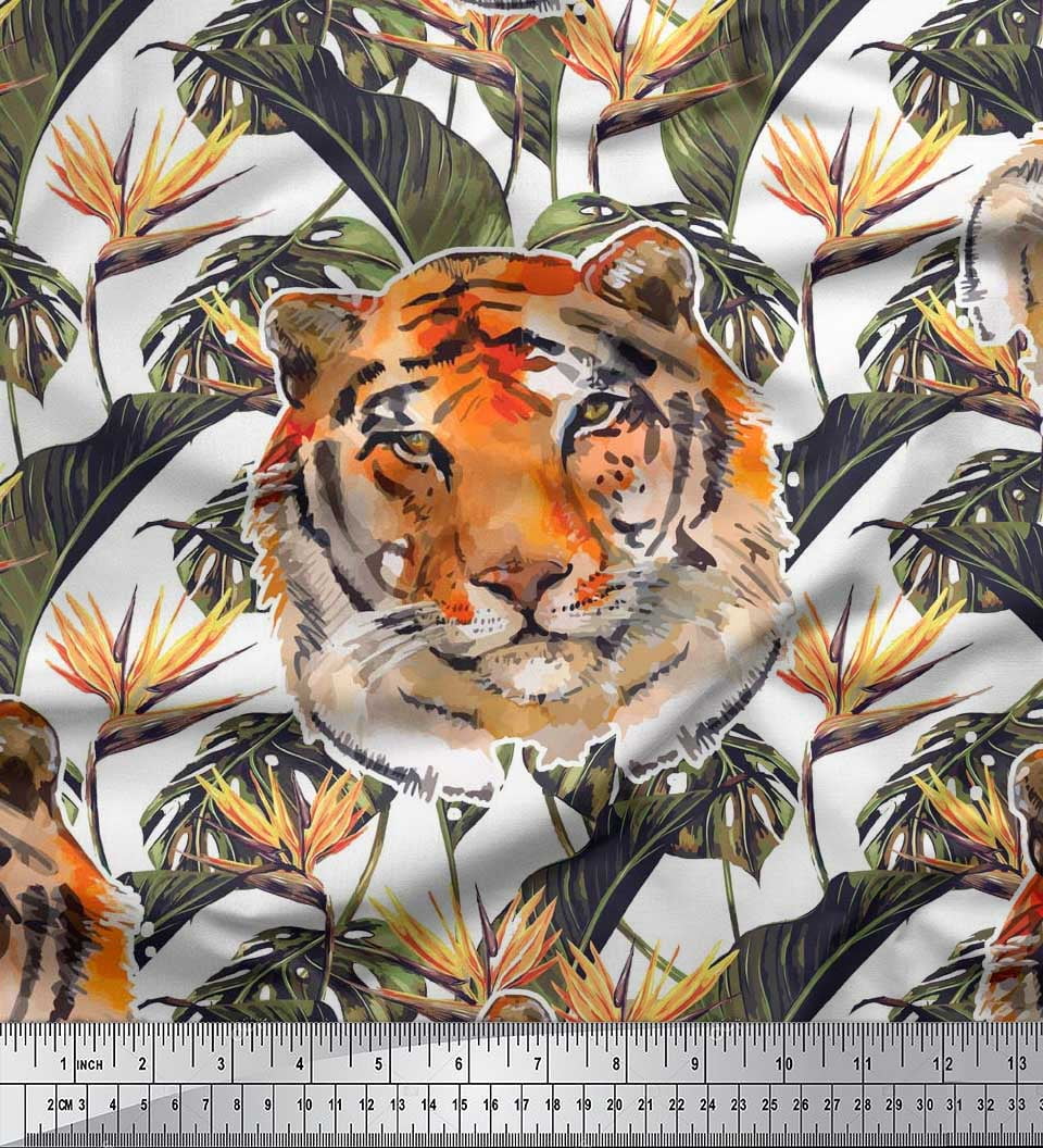 Soimoi Modal Satin Fabric Tropical Leaves & Tiger Face Jungle Print ...