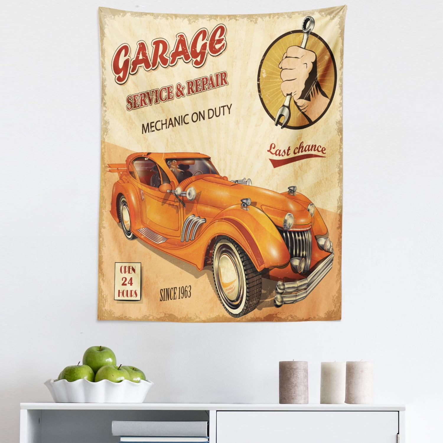 Retro Tapestry, Vintage Garage Advertising Worn Print with Engines and ...