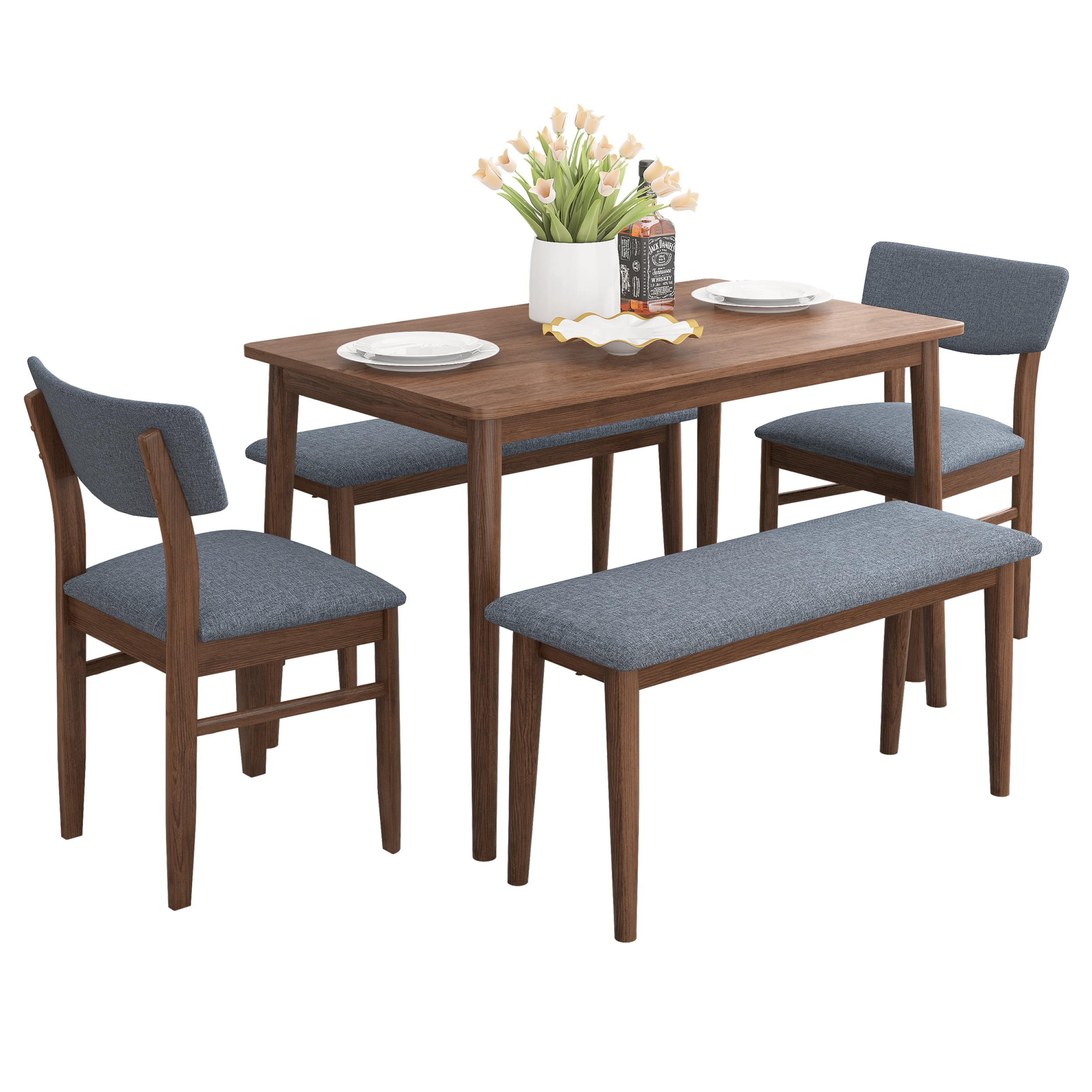 Modern Dining Table Set with 2 Benches and 2 Chairs Fabric Cushion for ...