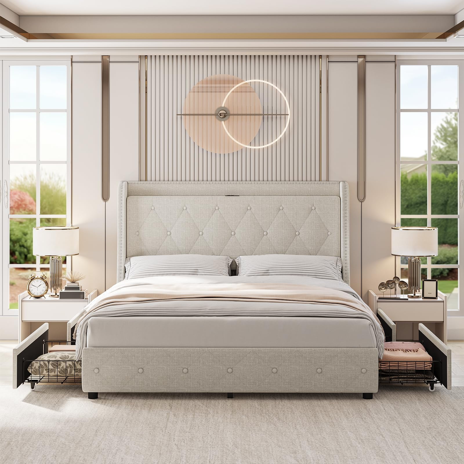 Beesclover Bed Frame With 4 Storage Drawers  Queen Size Bed Frame With Headboard And Storage  Platform Bed Frame With Charging Station & Wingback  No