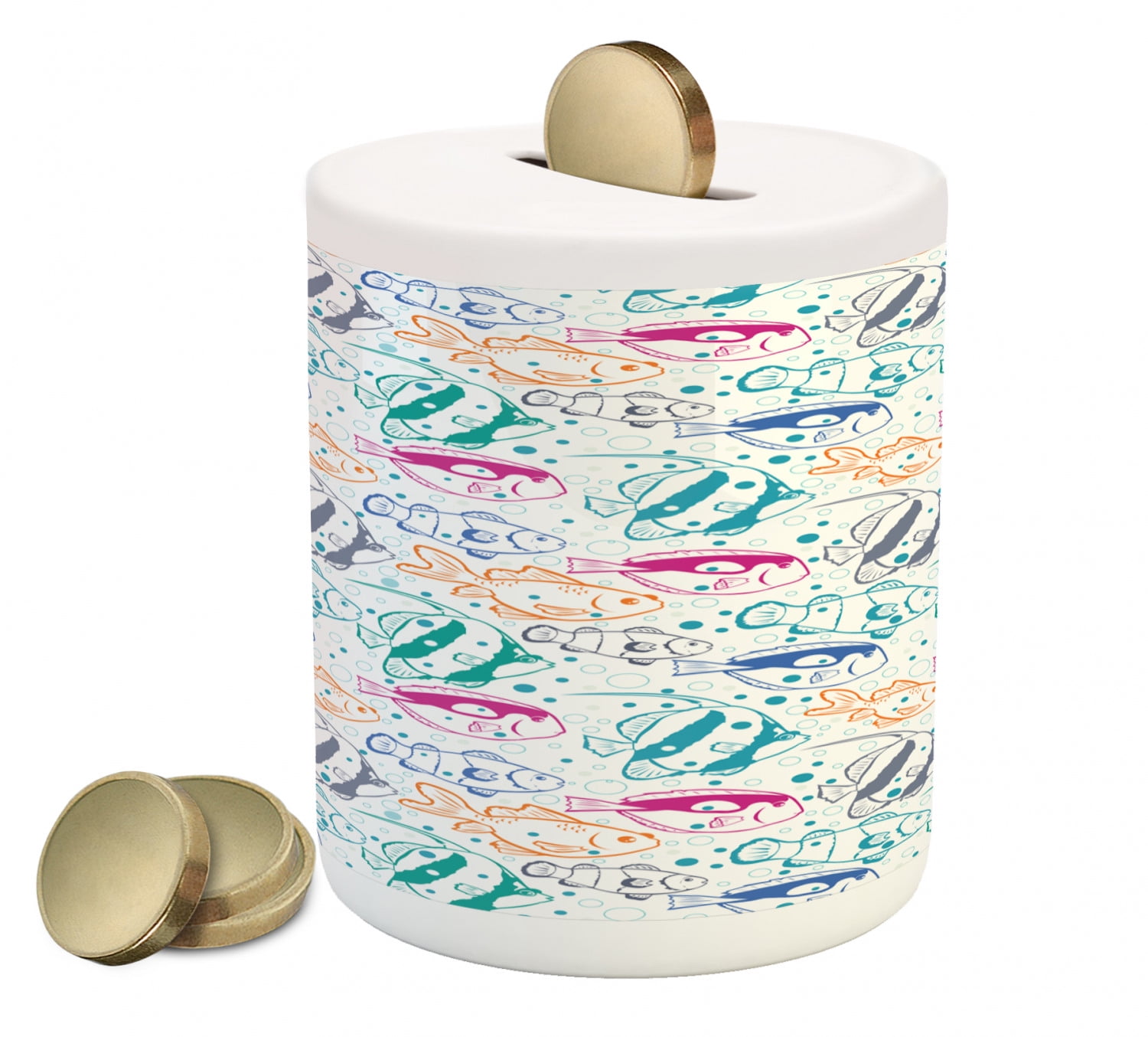 Fish Piggy Bank, Marine Design Ocean Animals Underwater Hand-Drawn in ...