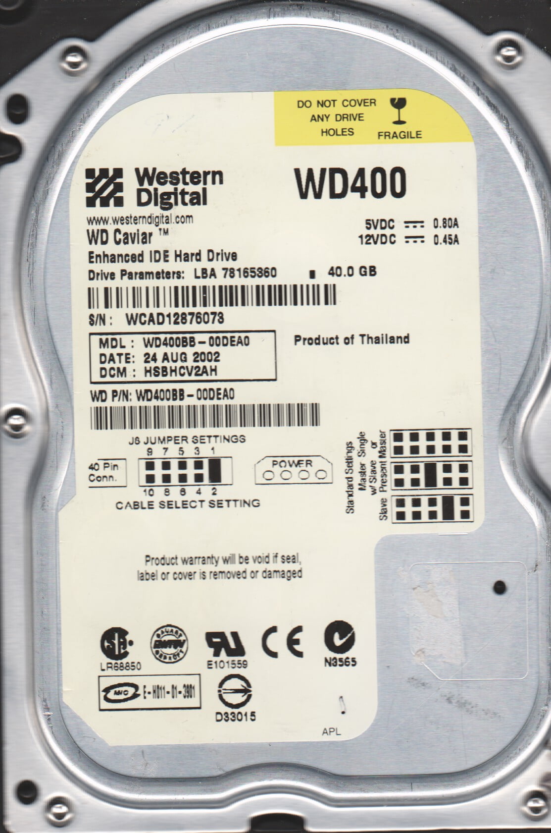 WD400BB-00DEA0, DCM HSBHCV2AH, Western Digital 40GB IDE 3.5 Hard Drive ...