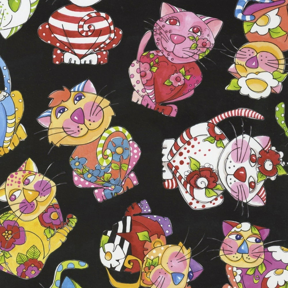 Calico Cats Tossed Cats on Black Cotton Fabric by Loralie Designs ...