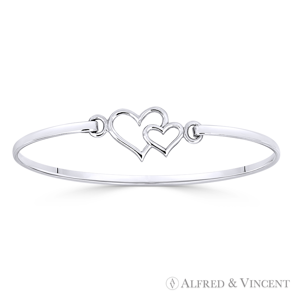 12x16mm Double Heart Charm Closed Cuff Bangle Bracelet in .925 Sterling ...