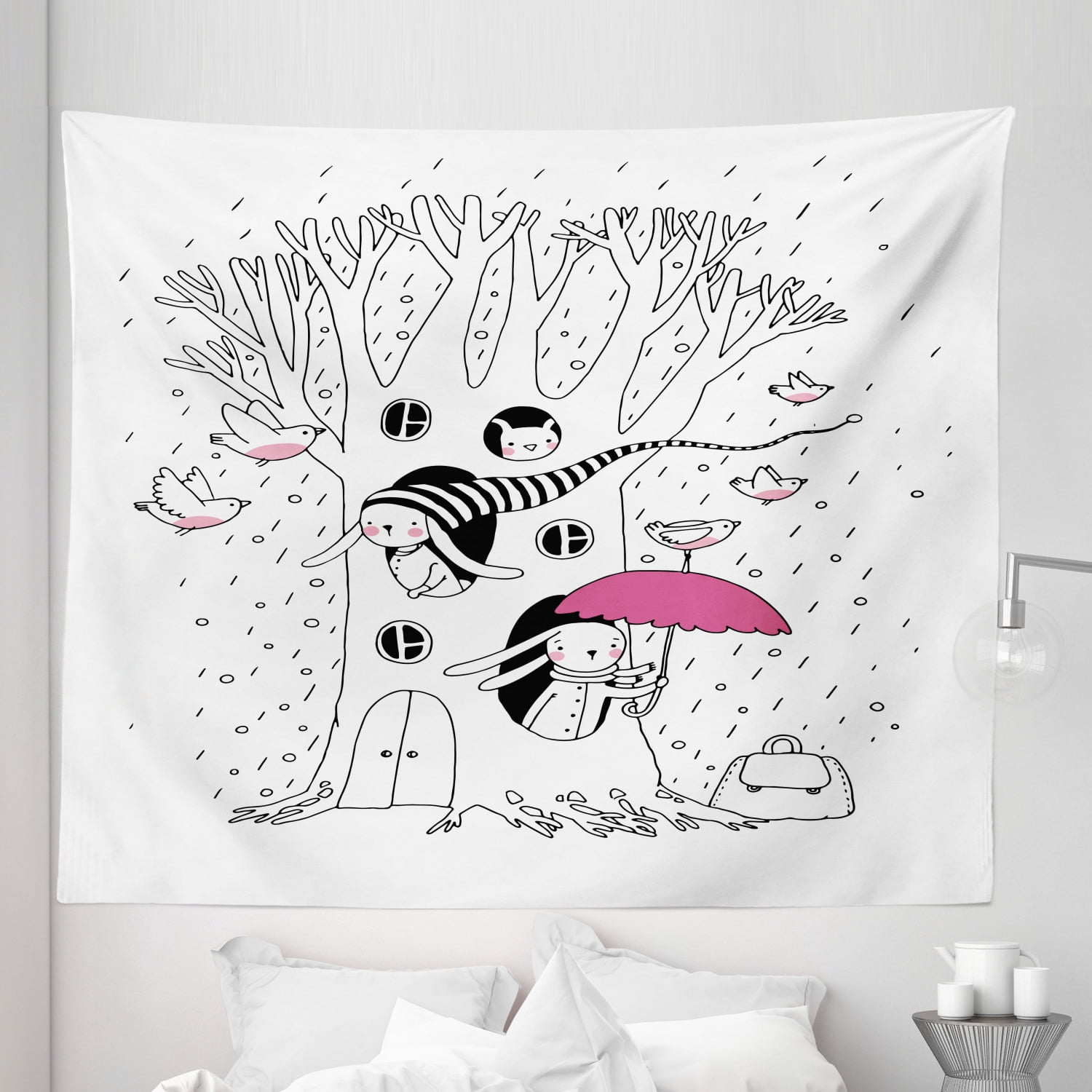 Magic Tapestry, Minimalist Habitat Drawing with Rabbits Tree Hole ...