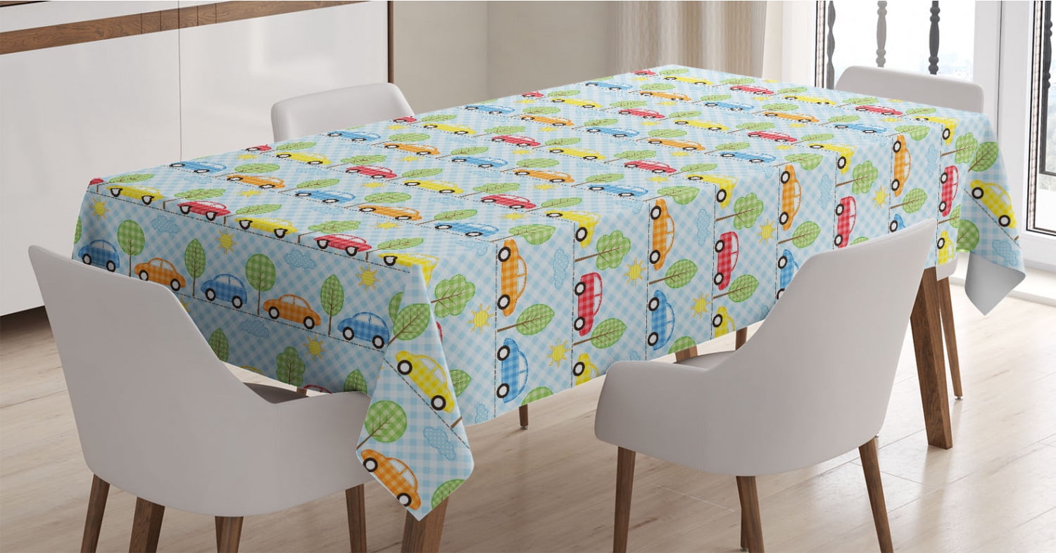Cartoon Tablecloth, Checkered Background with Cars Trees Sun Open Sky ...