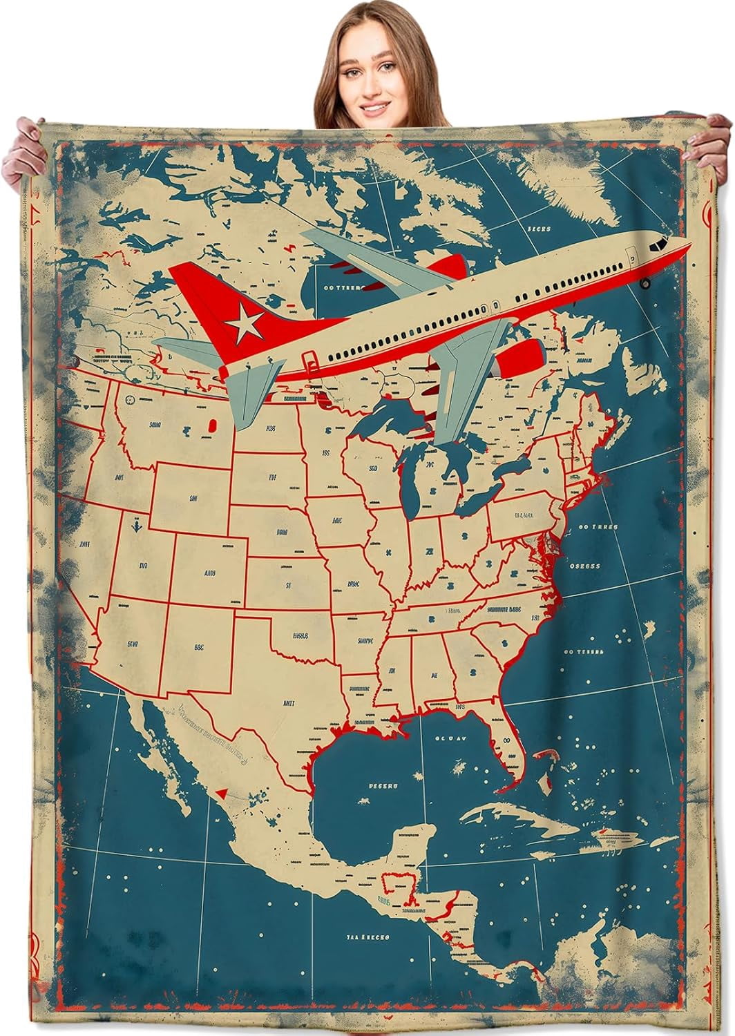Manta de avión con mapa de viaje vintage, regalo para niños, mujeres ...
