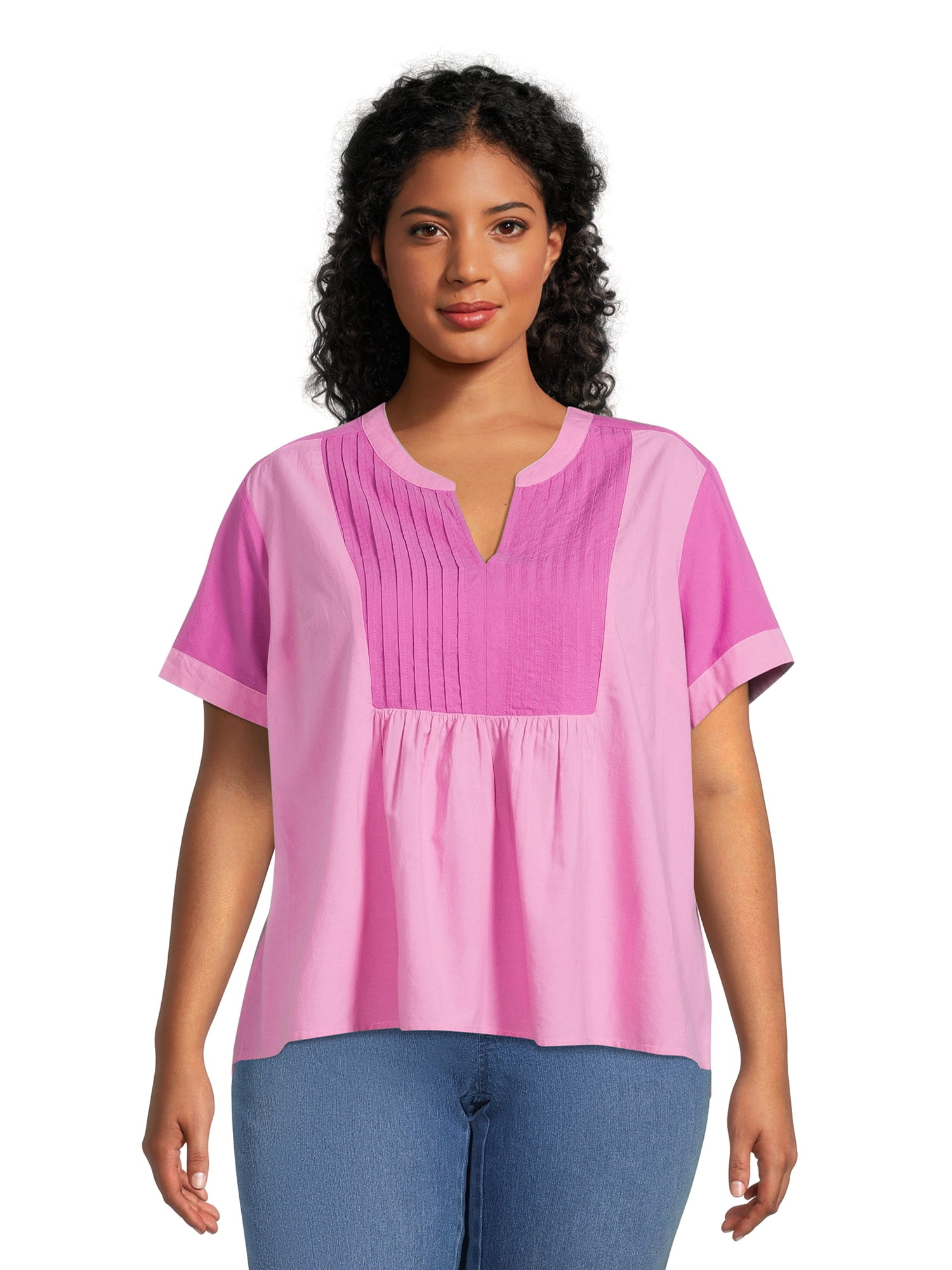 Terra & Sky Women's Plus Size Pleated Split Neck Top with Short Sleeves ...