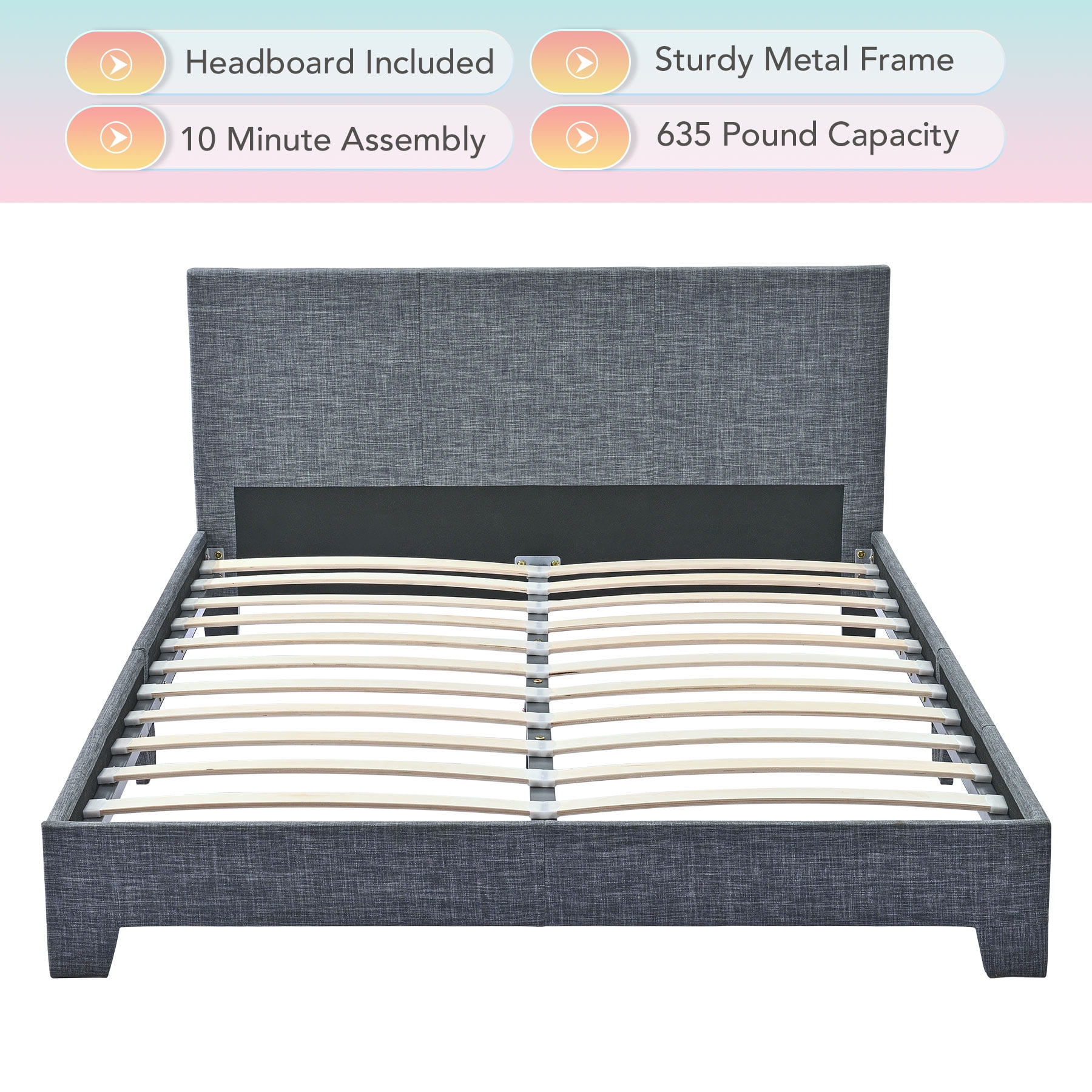 Upholstered Full Sized Steel Bed Frame with Headboard & Wood Slats ...