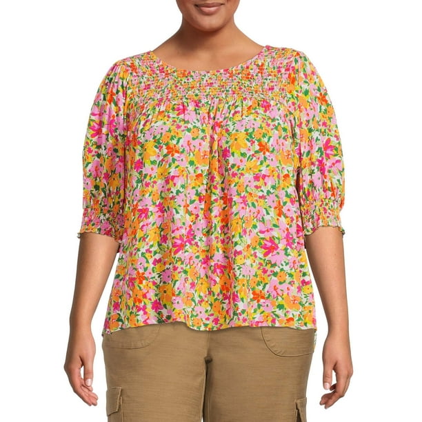 Terra And Sky Womens Plus Size Smocked Blouse