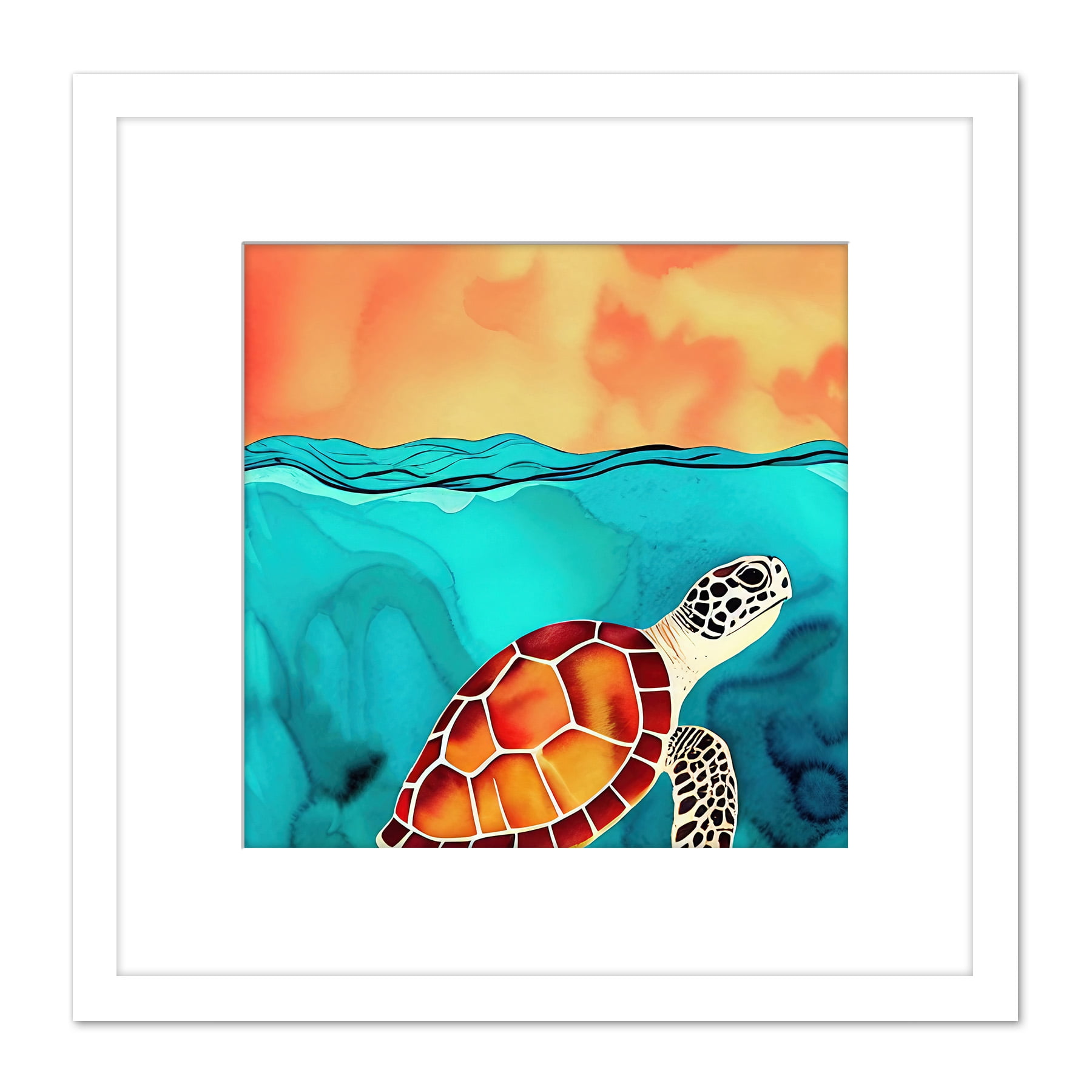 Red Shelled Loggerhead Sea Turtle Illustration Square Wooden Framed ...