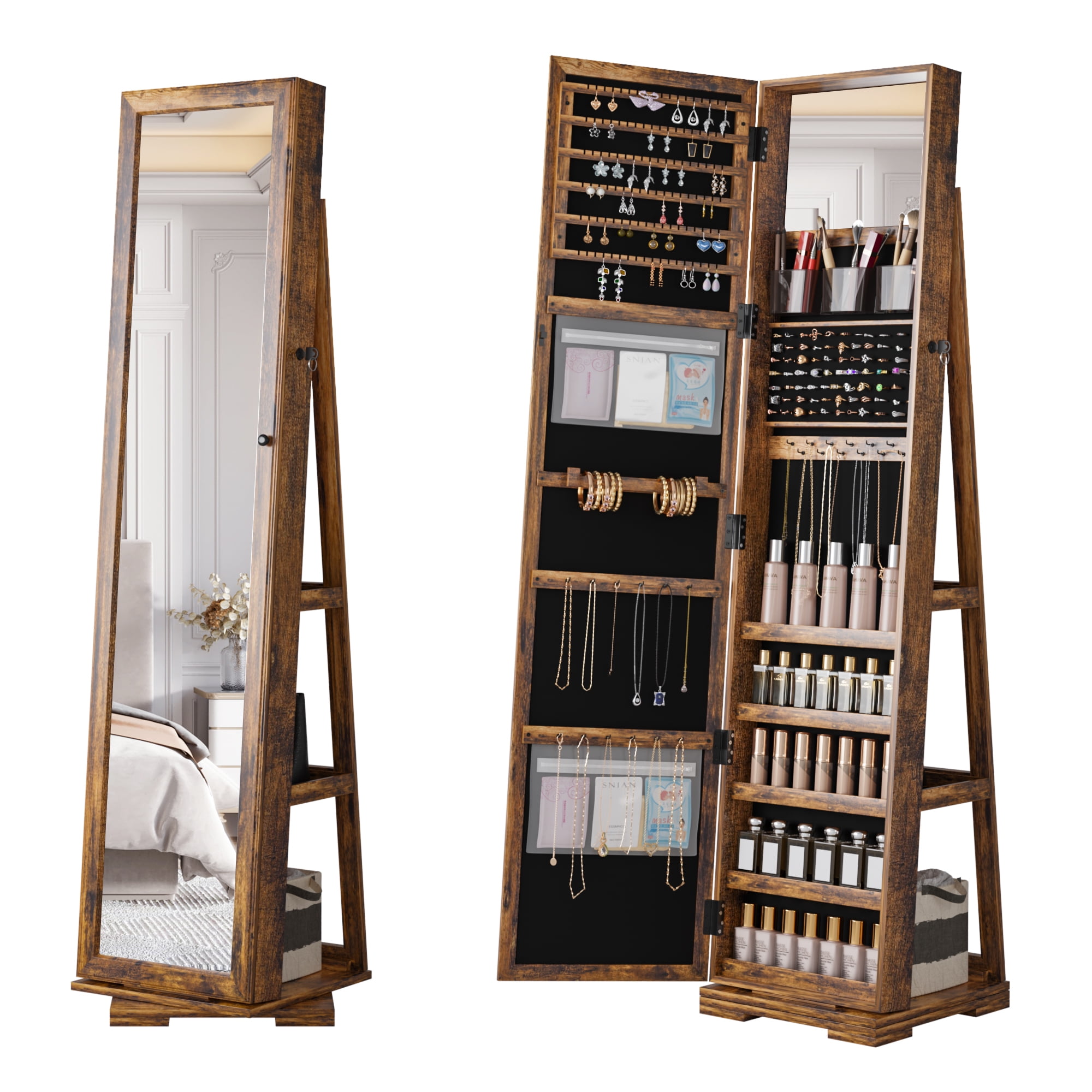 Lvifur 360° Rotating Jewelry Armoire with Full-Length Mirror,Lockable ...