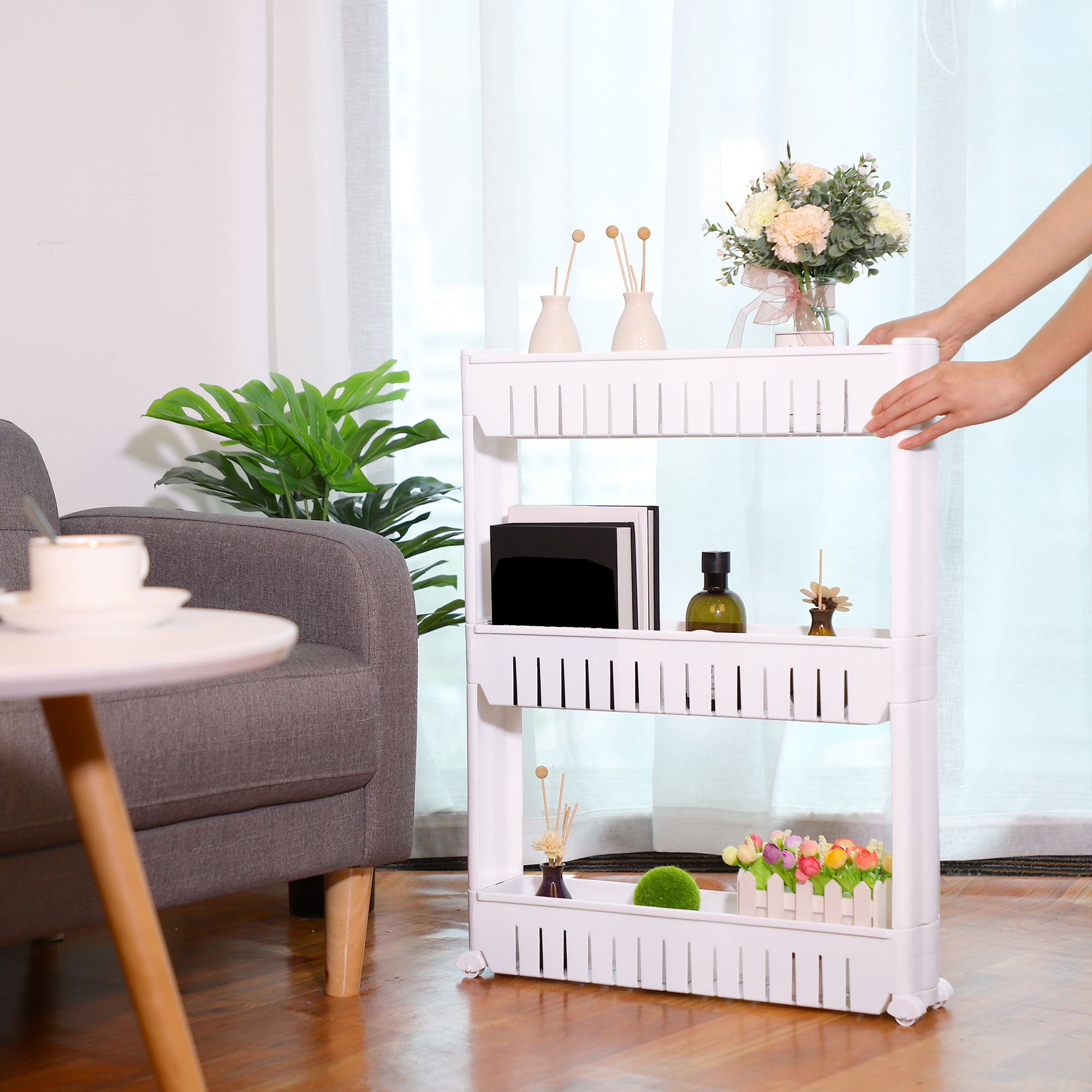 Slim Gap Storage Organizer Rack Shelf with Wheels, 3 Tiers Storage Rack ...