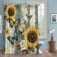 Butterfly Sunflower Shower Curtain Set with Hooks, Vintage Rose Flower ...