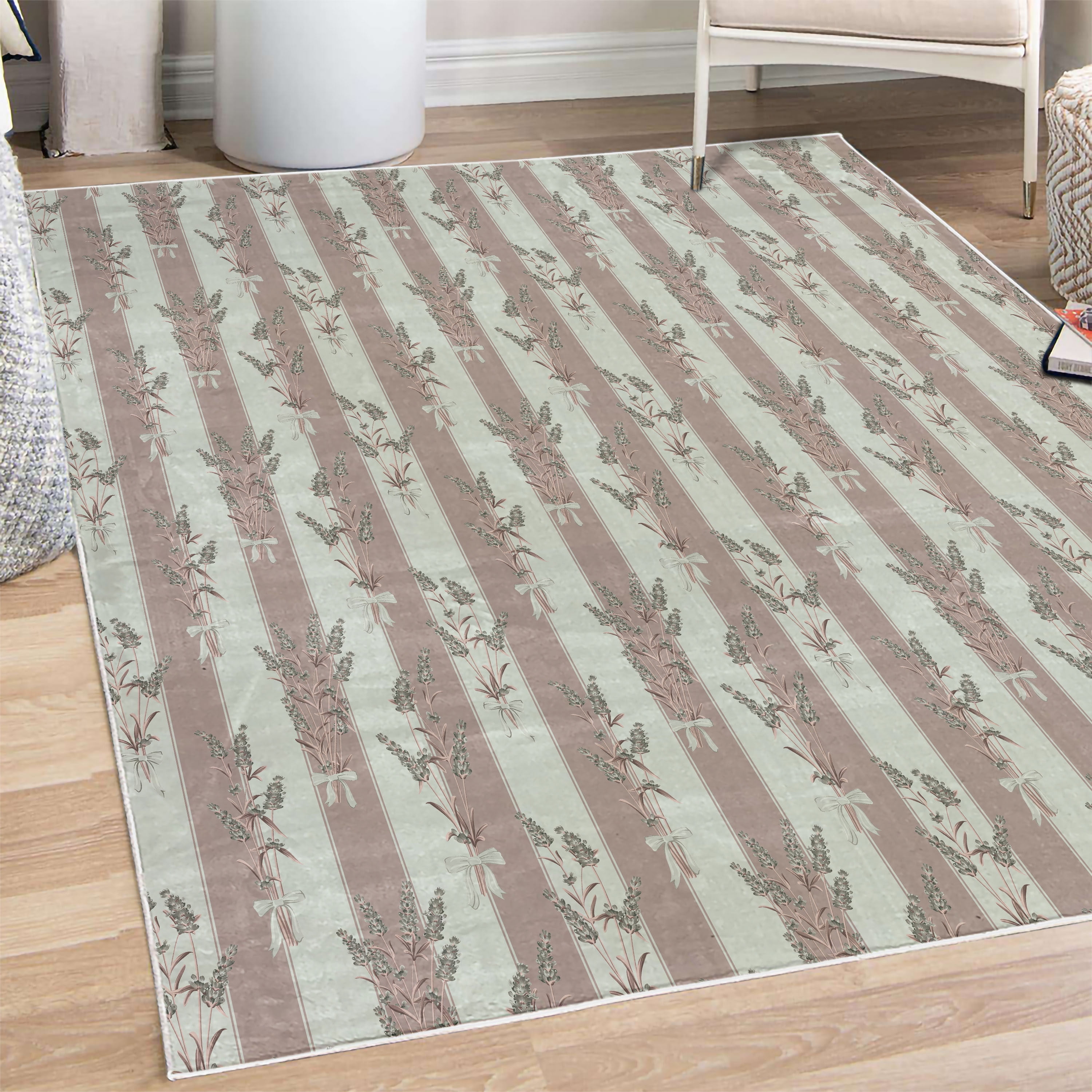 Lavender Decorative Rug, Stripes and Flowers Ribbons Romantic Country ...