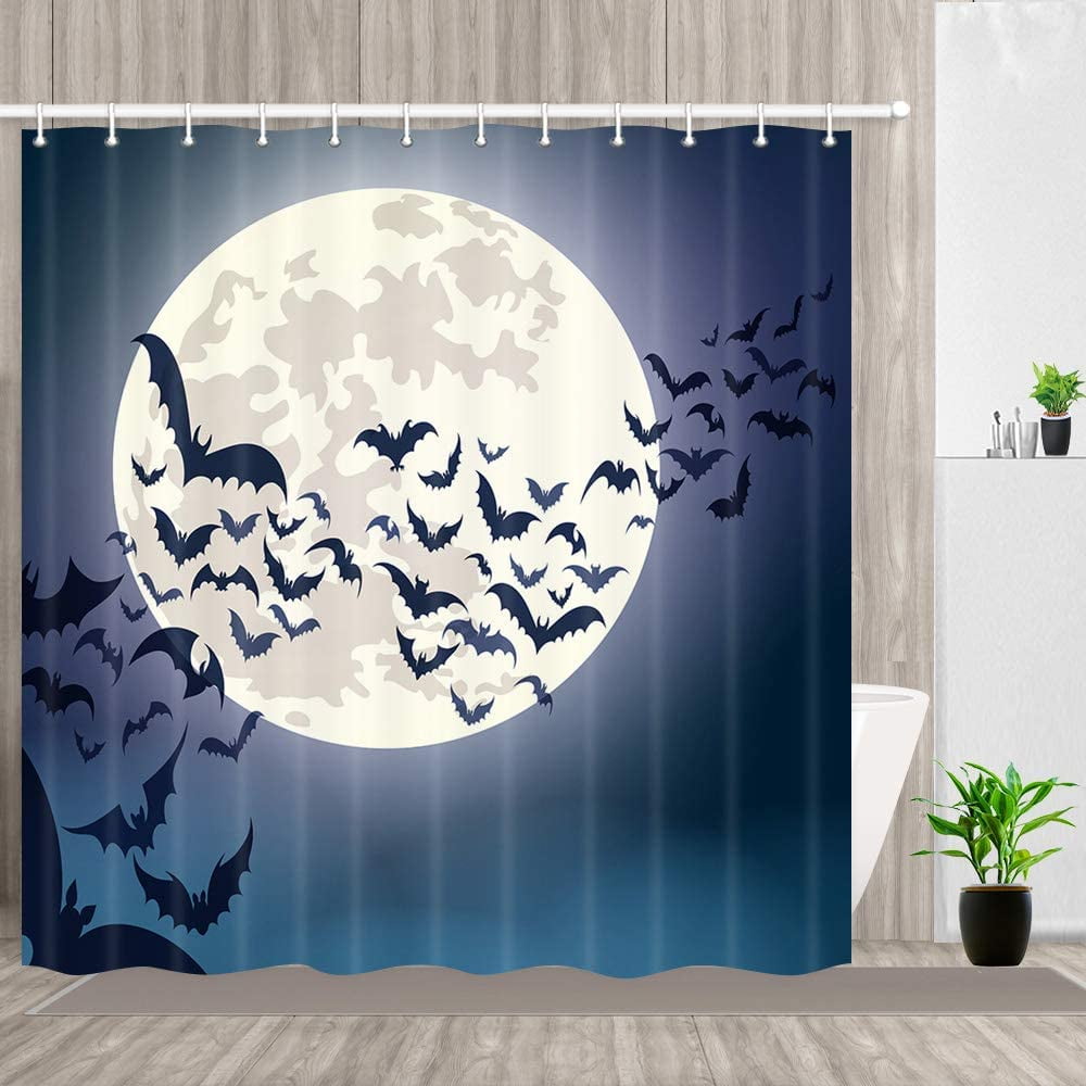 Halloween Shower Curtains Scary Night Moon With Flying Bats Flock