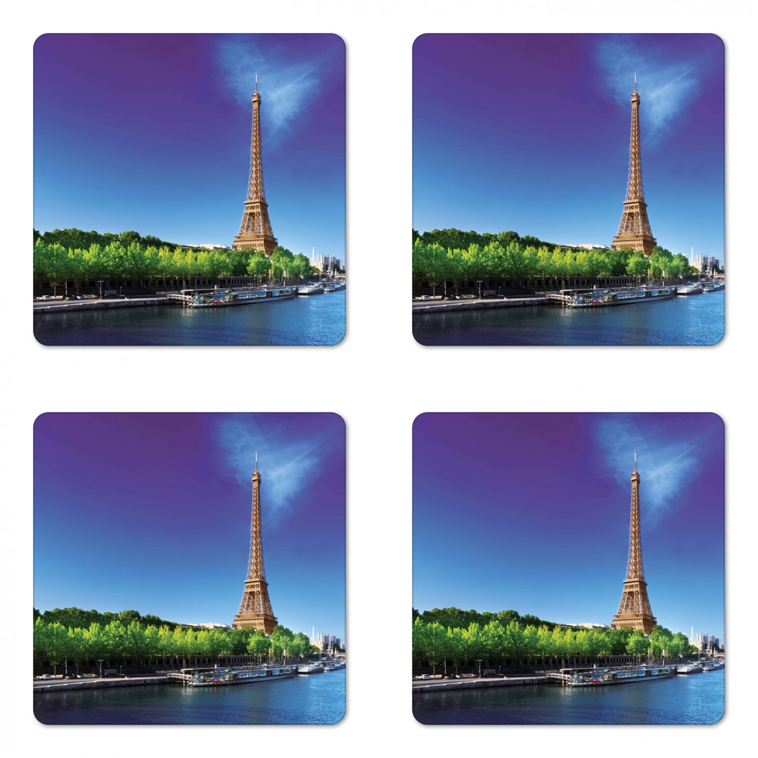 Eiffel Tower Coaster Set of 4, Seine Paris with French Sunrise Trees ...