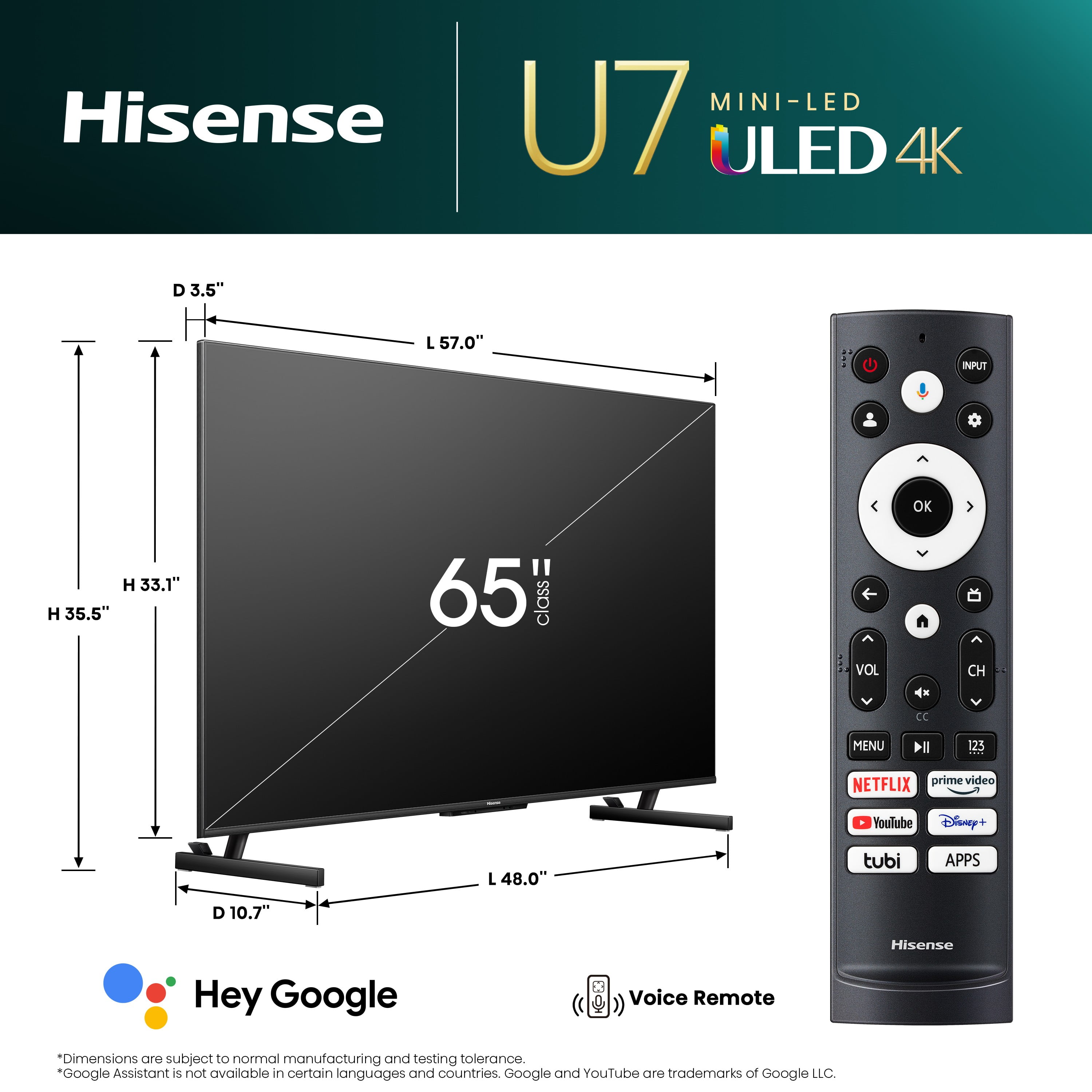 Hisense 65 Class U7 Series Mini-LED ULED 4K UHD Google Smart TV (65U7K) - QLED, Native 144Hz ...