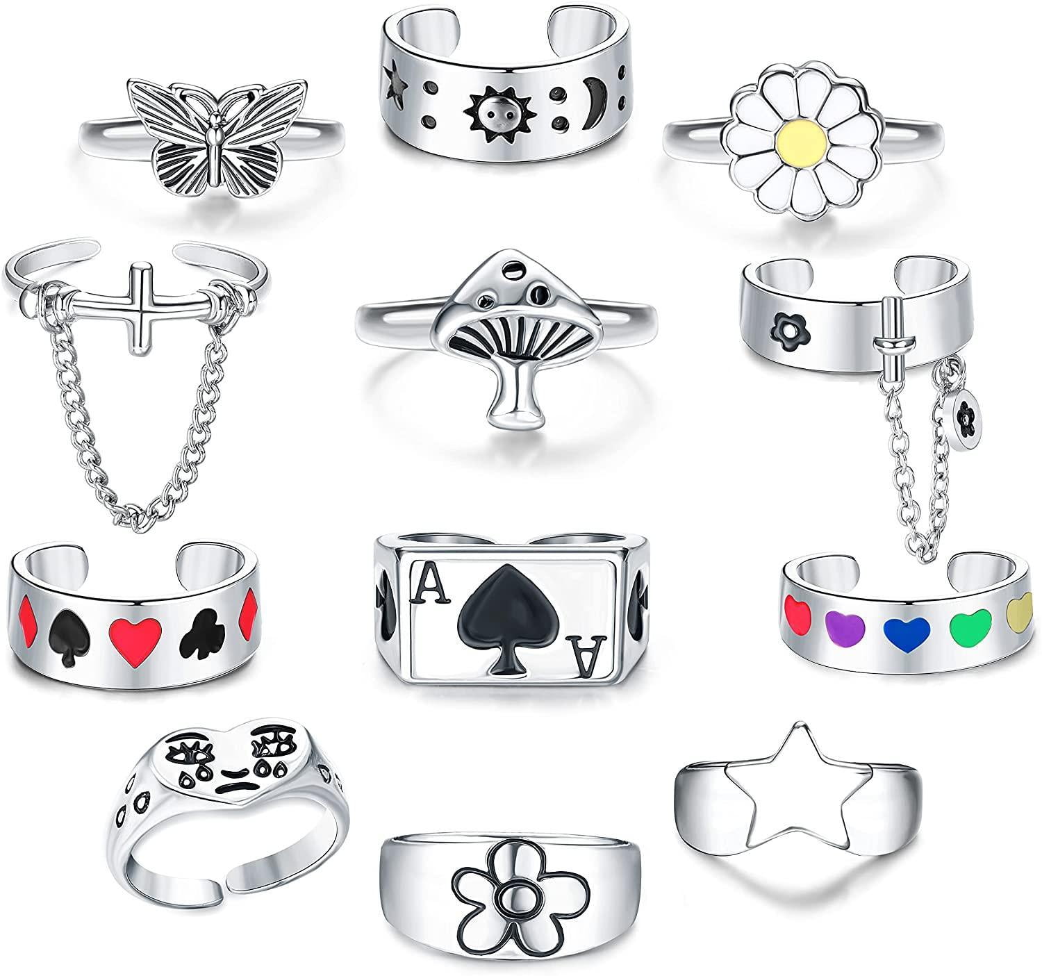 Buy 12 Pcs Goth Punk Rings Set Frog Mushroom Chain Crying Face Poker ...