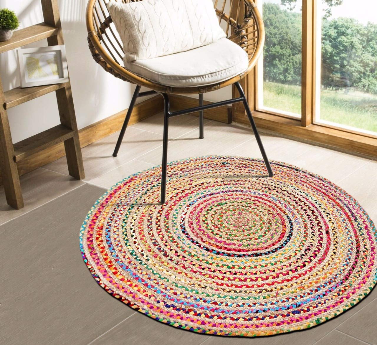 KH Handloom Handmade Hand Braided Natural Jute and Cotton Carpet for Living Room, Jute Round ...