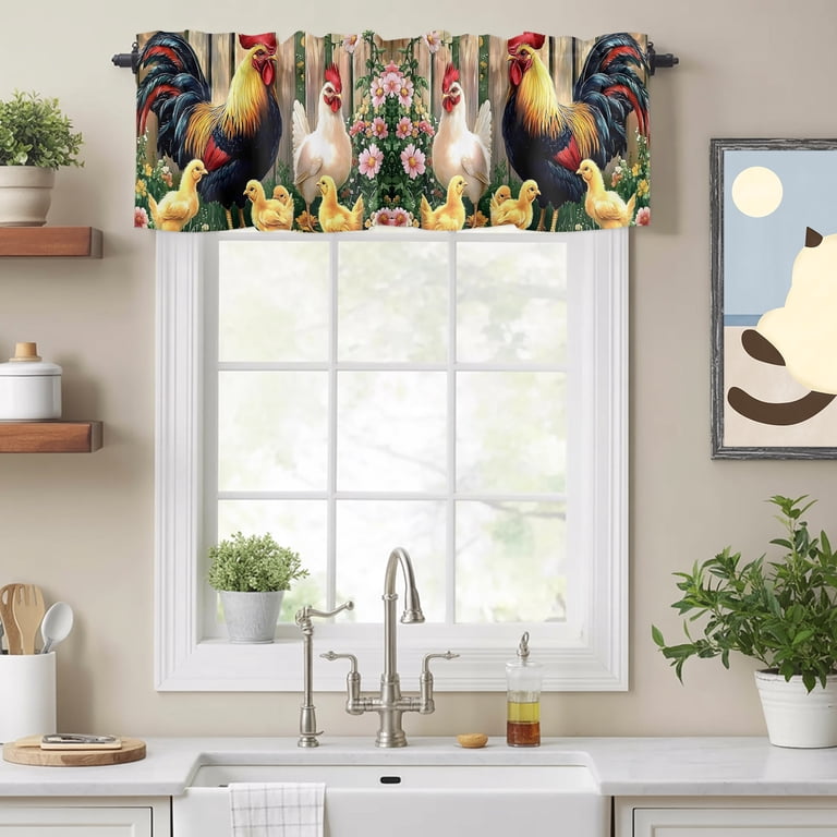 Kitchen Cafe Valance Curtain for Small Windows,Country Rooster Chicken ...