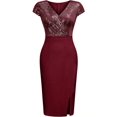 Burgundy Womens Sequin V-Neck Short Sleeve Fitted Mid-Length Pencil ...