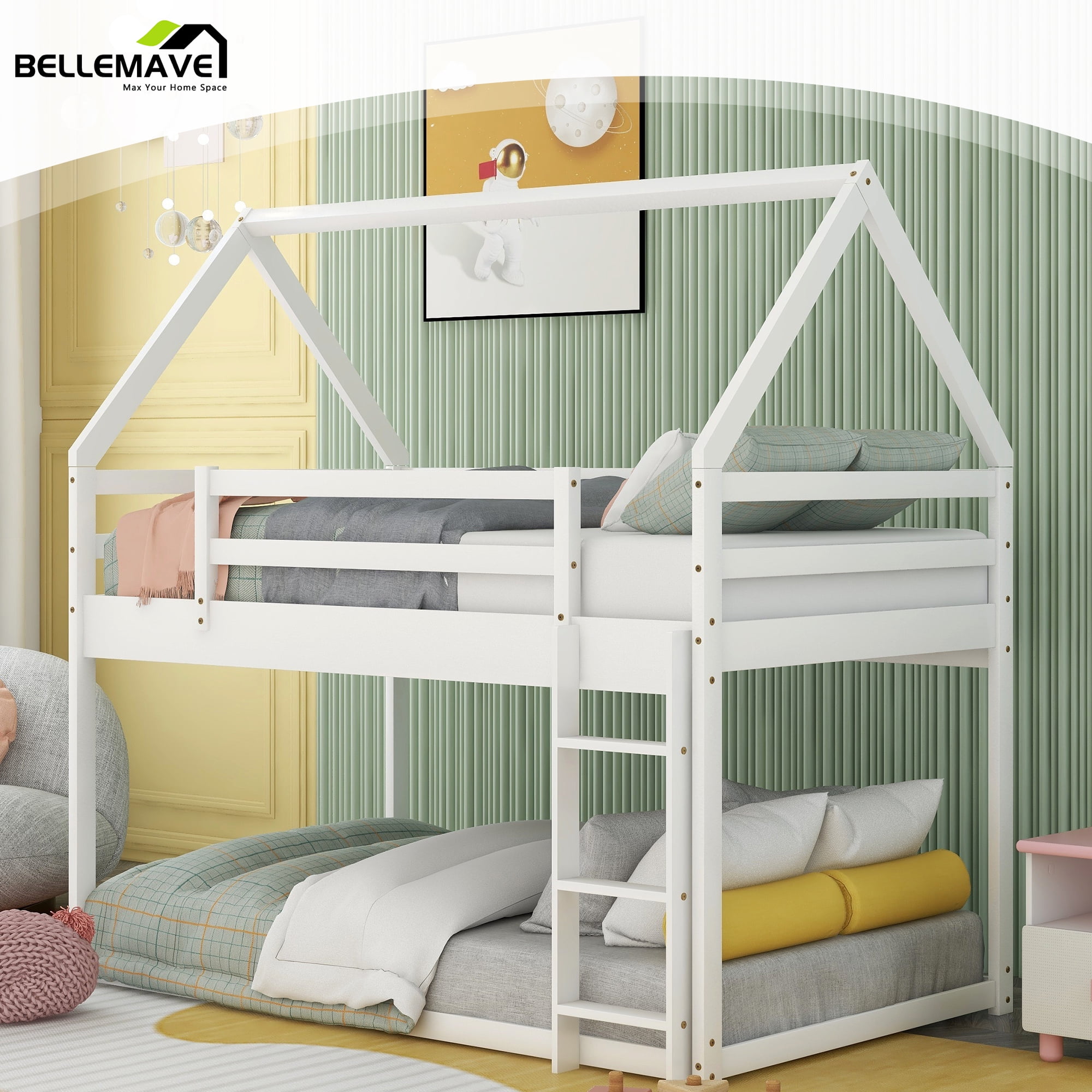 Bellemave Wooden House Bunk Bed, Twin over Twin Bunk Bed with Ladder ...
