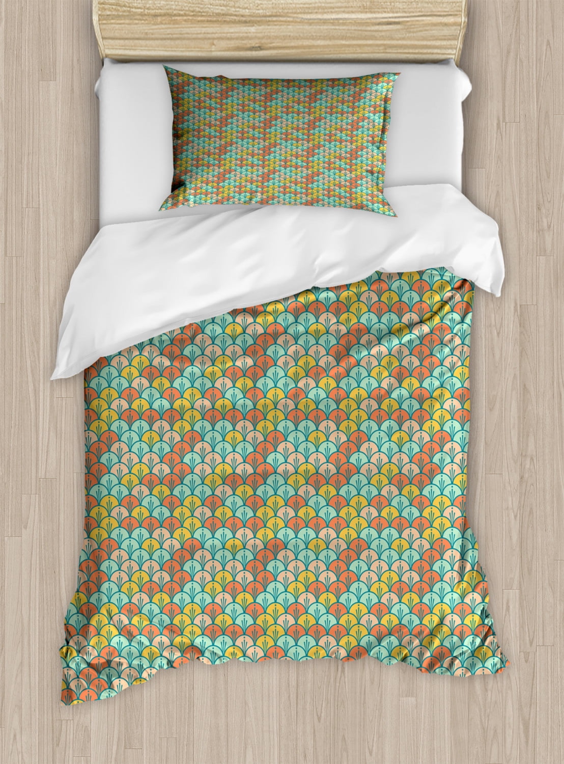 Orange and Turquoise Duvet Cover Set Twin Size, Abstract Scales Pattern ...
