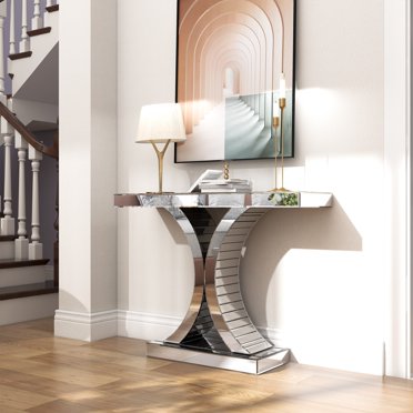 Mirrored Accent Console Table in Silver Entryway Table with Diamond ...