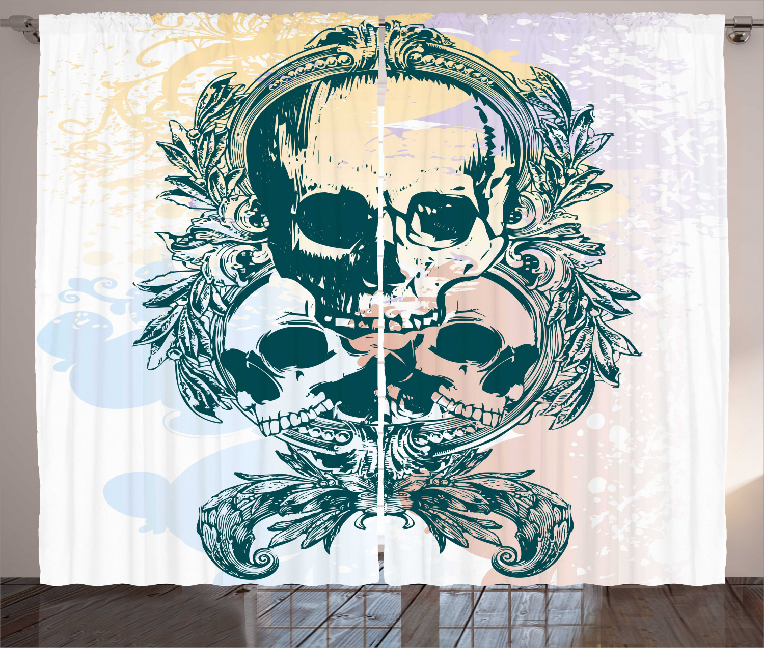 Skull Curtains 2 Panels Set, Scary Deadly Rocker Skeleton Head Trio ...