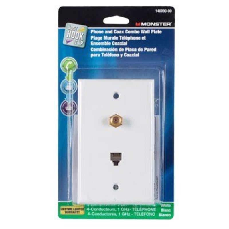Phone/Coax Combo Wall Plate 4 Conductor White Carded Monster Cable Wall ...
