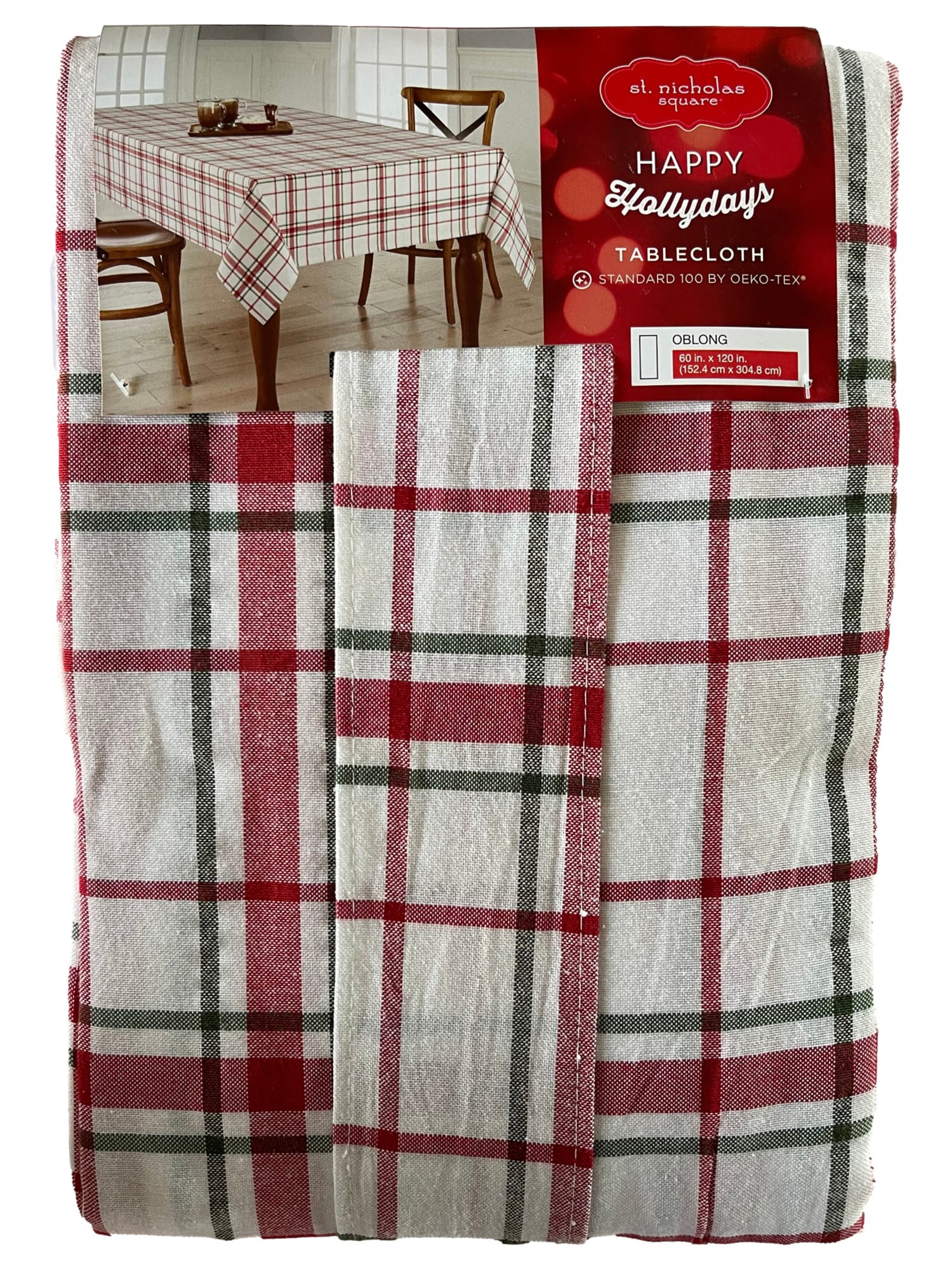 St Nicholas Square Happy Hollydays Red Plaid Tablecloth 60x120 Oblong ...