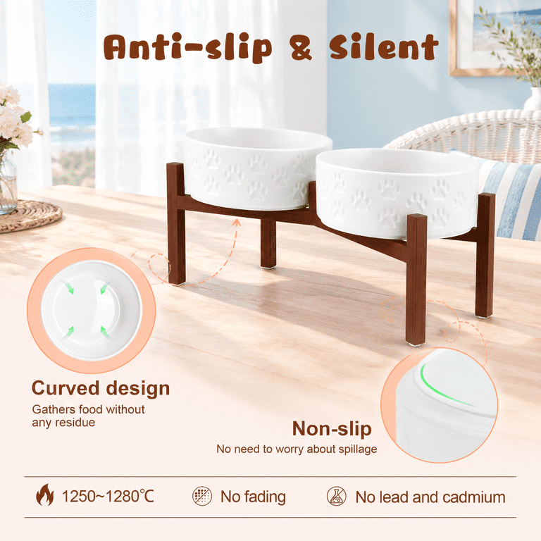 White with Dog Paw Pattern Ceramic Elevated Dog Bowl Set, 60.87 Oz, for ...