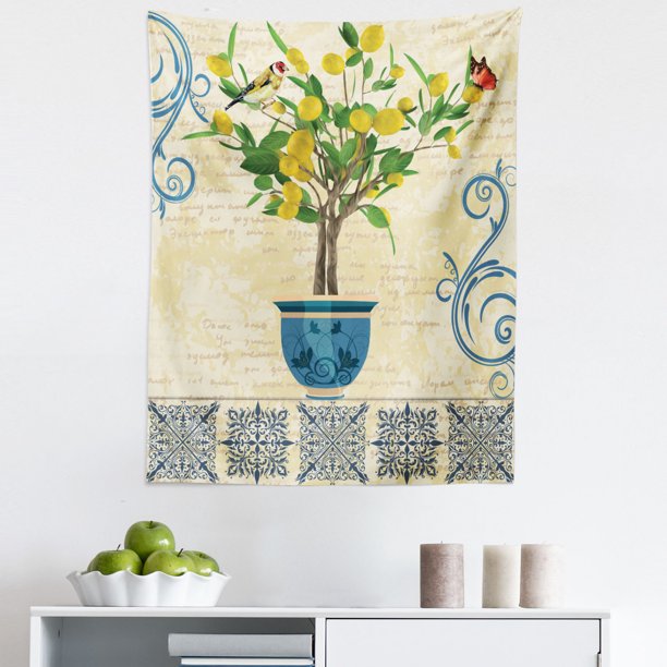 Vintage Tapestry, Retro Style Lemon Tree in the Pot Realistic Detailed ...