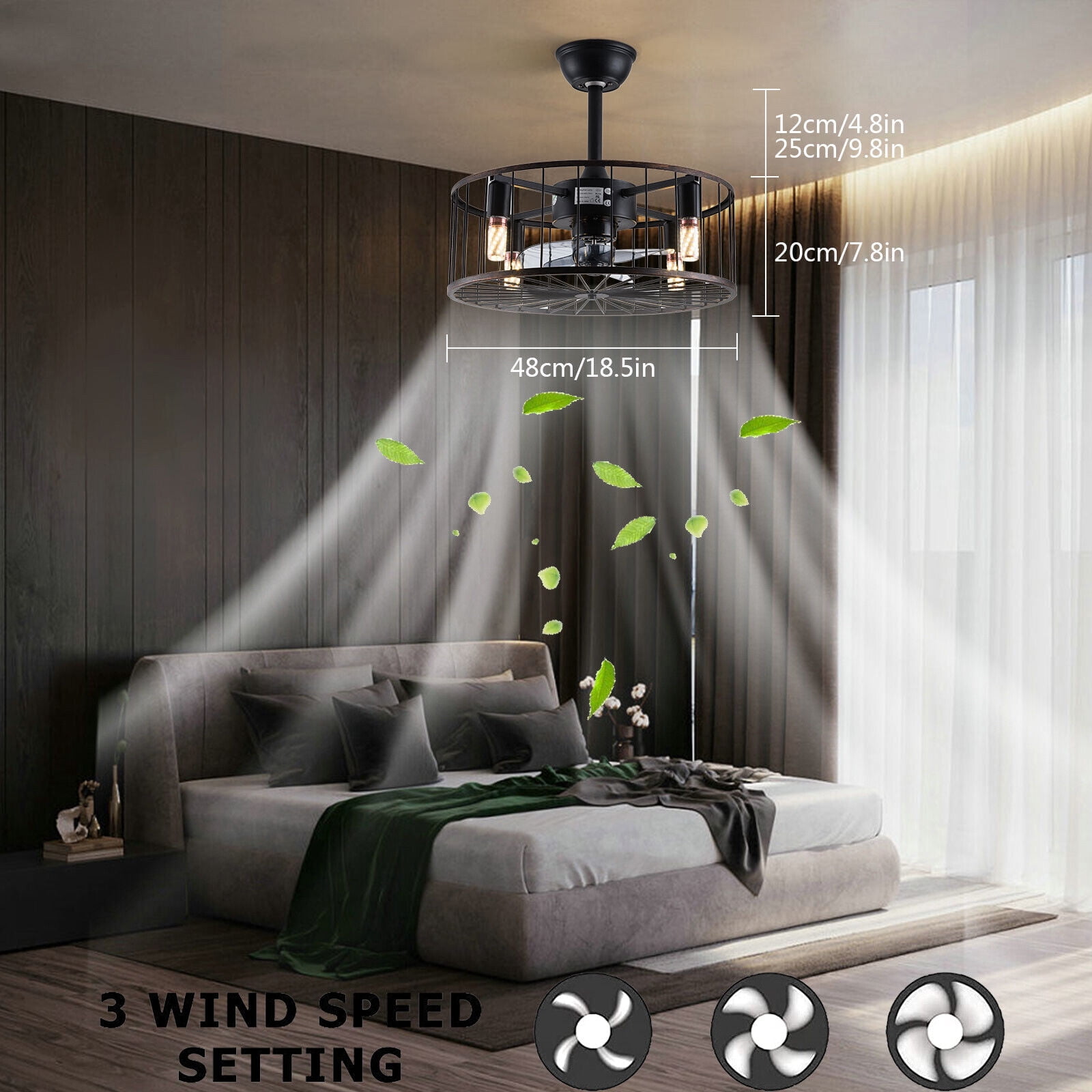 3 Gear Wind Adjustment Caged Ceiling Fan with Lights Remote Control ...