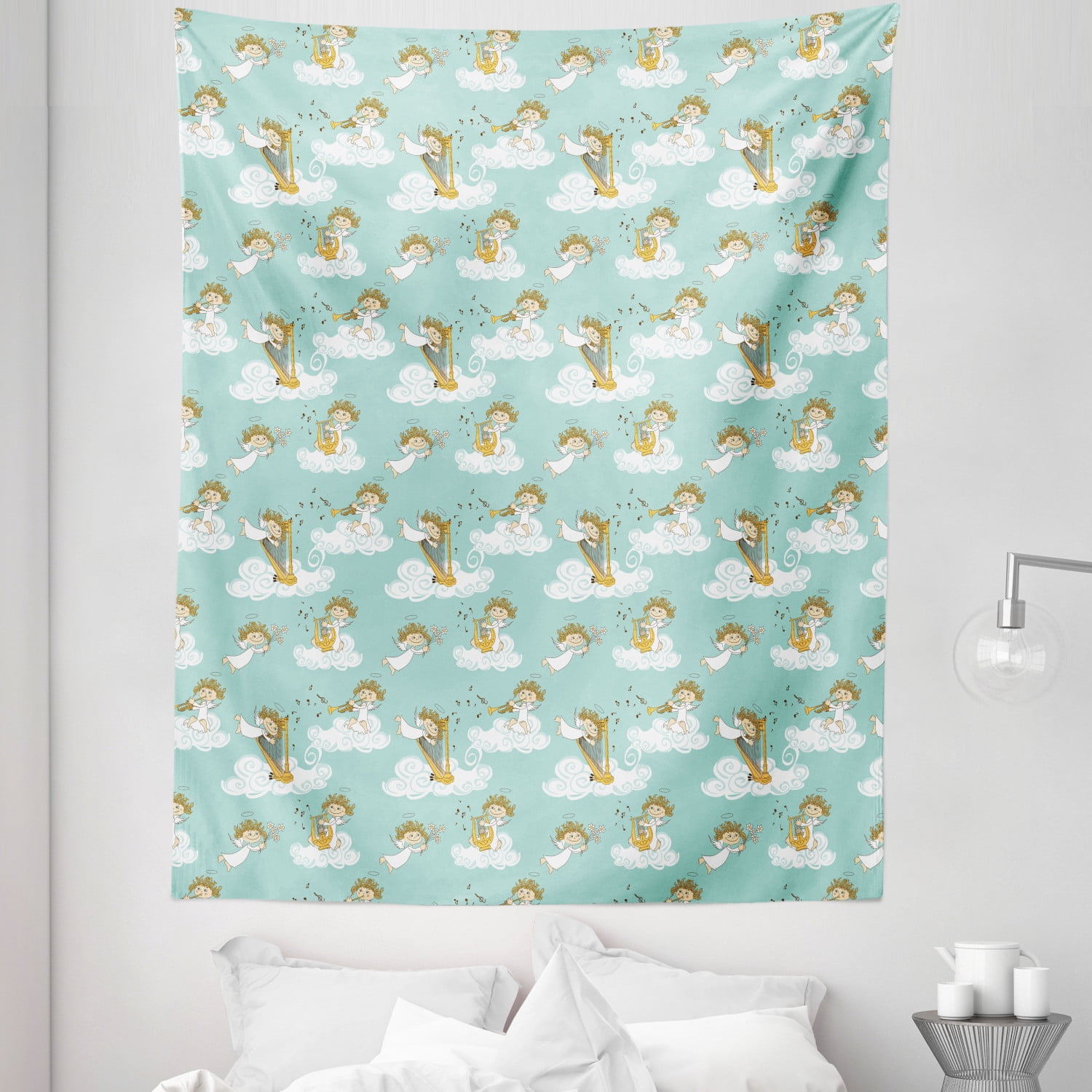 Angel Tapestry, Angels Playing Harp in Sky Clouds Myth Folk Lyre Folk ...