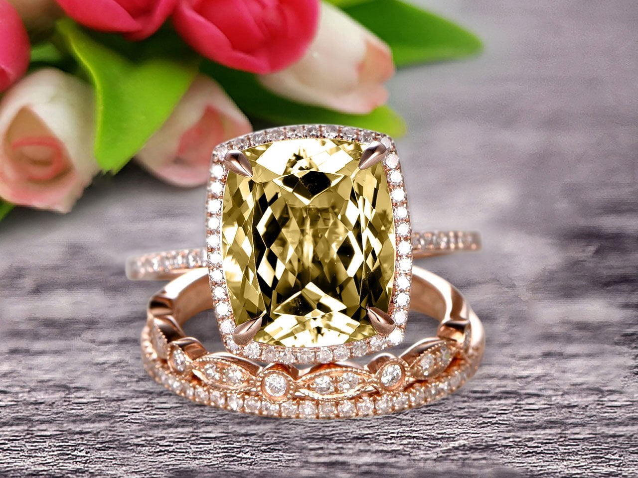 Milgrain Art Deco 3.05 Carat 7mm Cushion Cut Gemstone Champagne Diamond ...