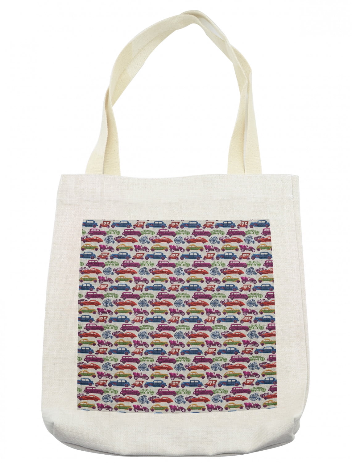 Cars Tote Bag, Rhythmic Colorful Classical Automobiles Stitched Look ...
