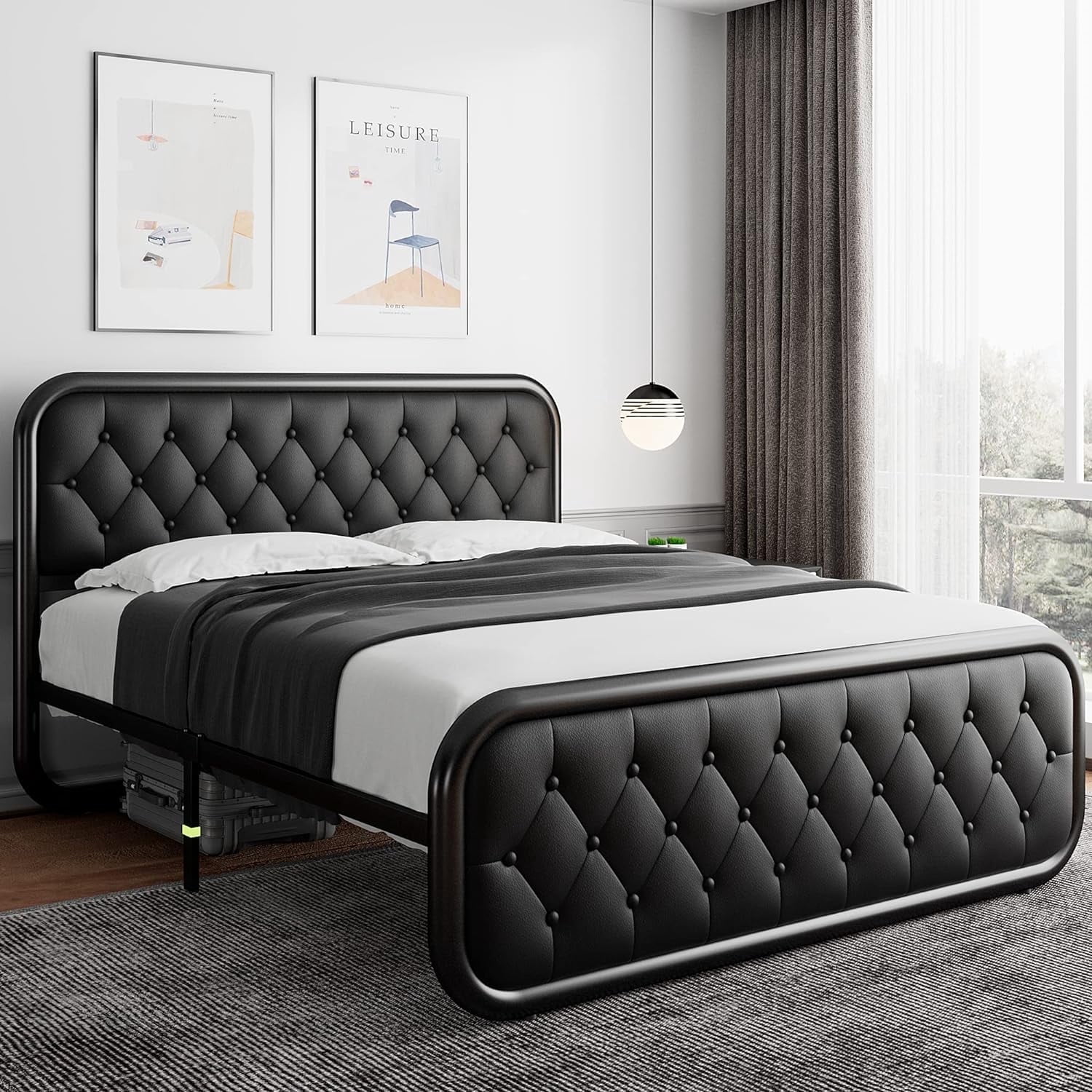 Honfach Queen Size Metal Bed Frame with Leather Headboard, Heavy-Duty ...