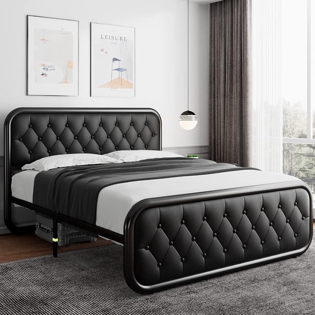 Honfach Queen Size Metal Bed Frame with Leather Headboard, Heavy-Duty ...