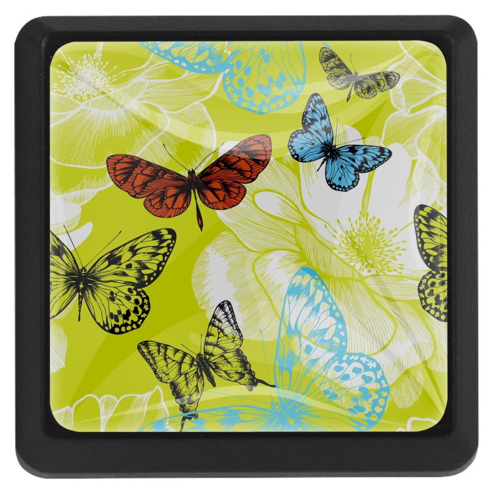 3 Pack Blooming Roses Butterflies Square Cabinet Door Knobs Decor for ...