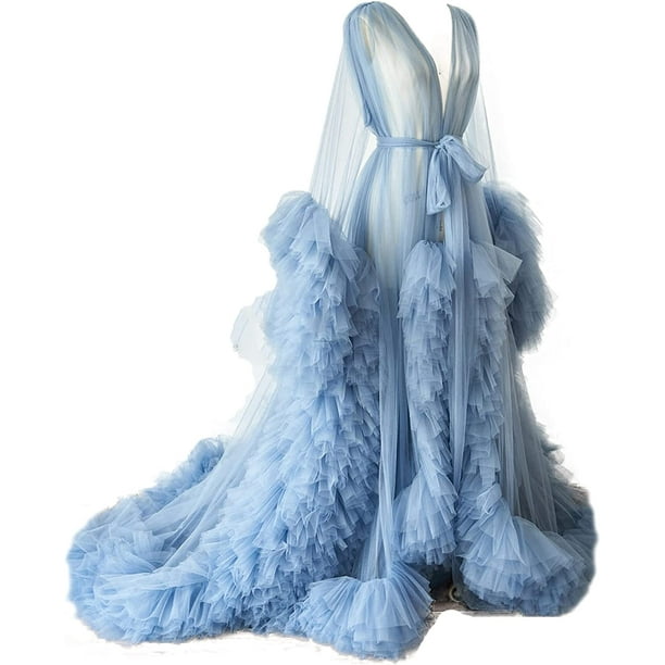 Maternity Dresses Pregnant Gowns Blue Size XL Long Sleeves Robe Tulle ...
