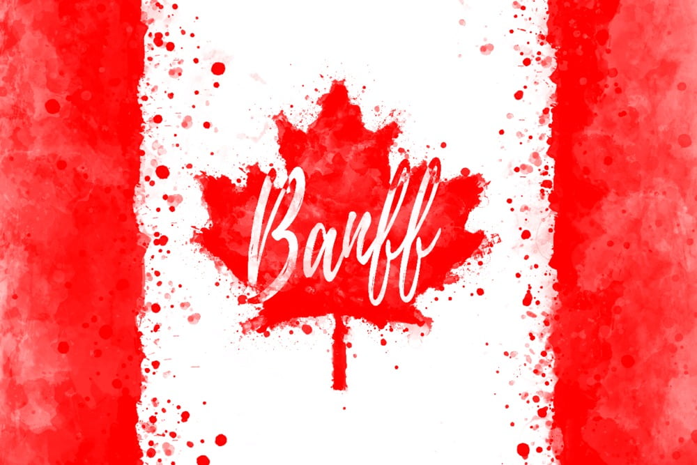 Banff, Canada, Canadian Flag, Watercolor (16x24 Giclee Gallery Art ...