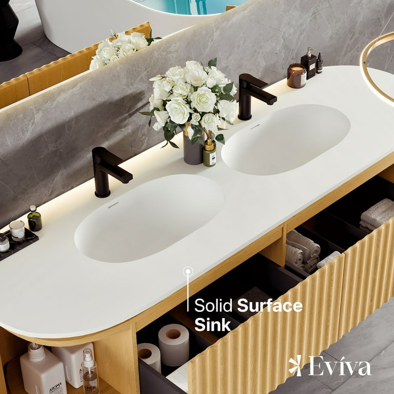 Eviva Haven 71 W x 22 D Oak Freestanding Bathroom Vanity with White Solid Surface Integrated Sink Top Walmart